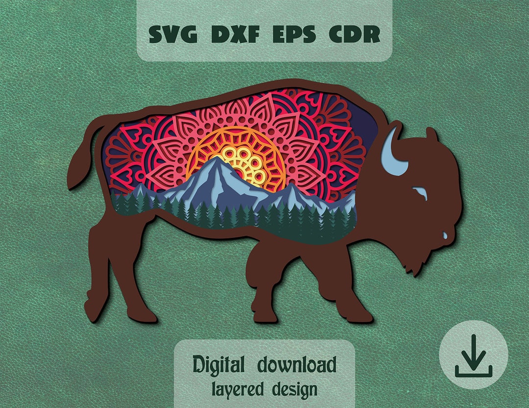 Layered Bison Mandala Svg Layered Mountain Sunset American Buffalo Svg ...