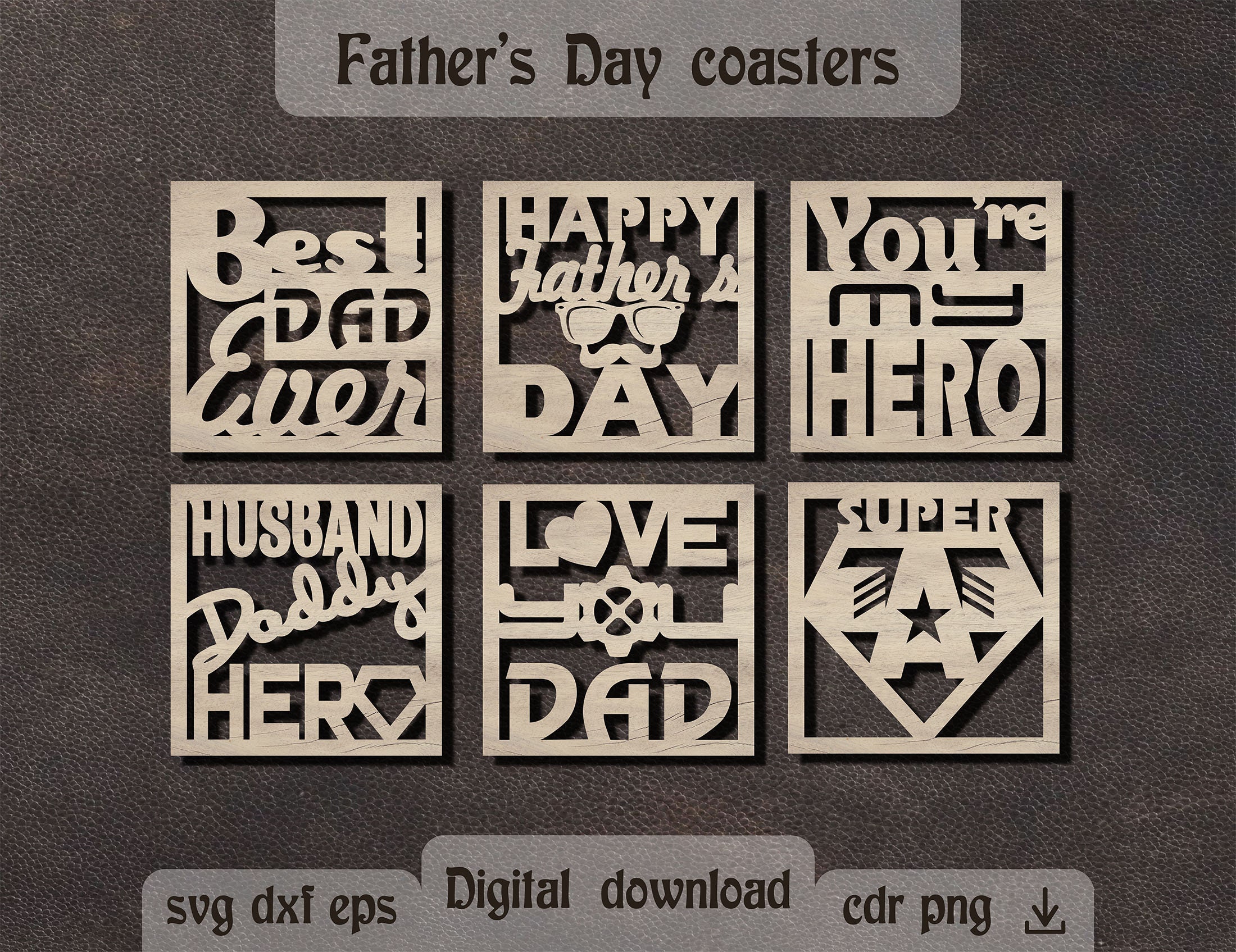Father's Day Coasters Svg Square Coasters Laser Cut Grill Trivets Svg ...