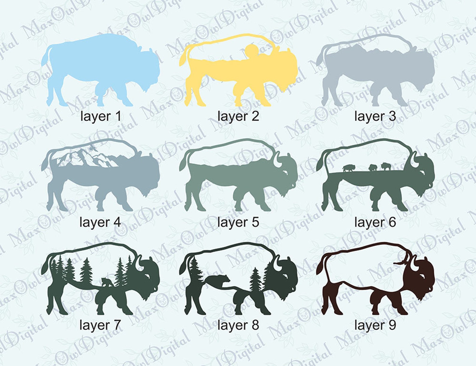 Layered Bison Svg Buffalo Laser Cut Layered Mountains Svg 3d Bison Svg ...