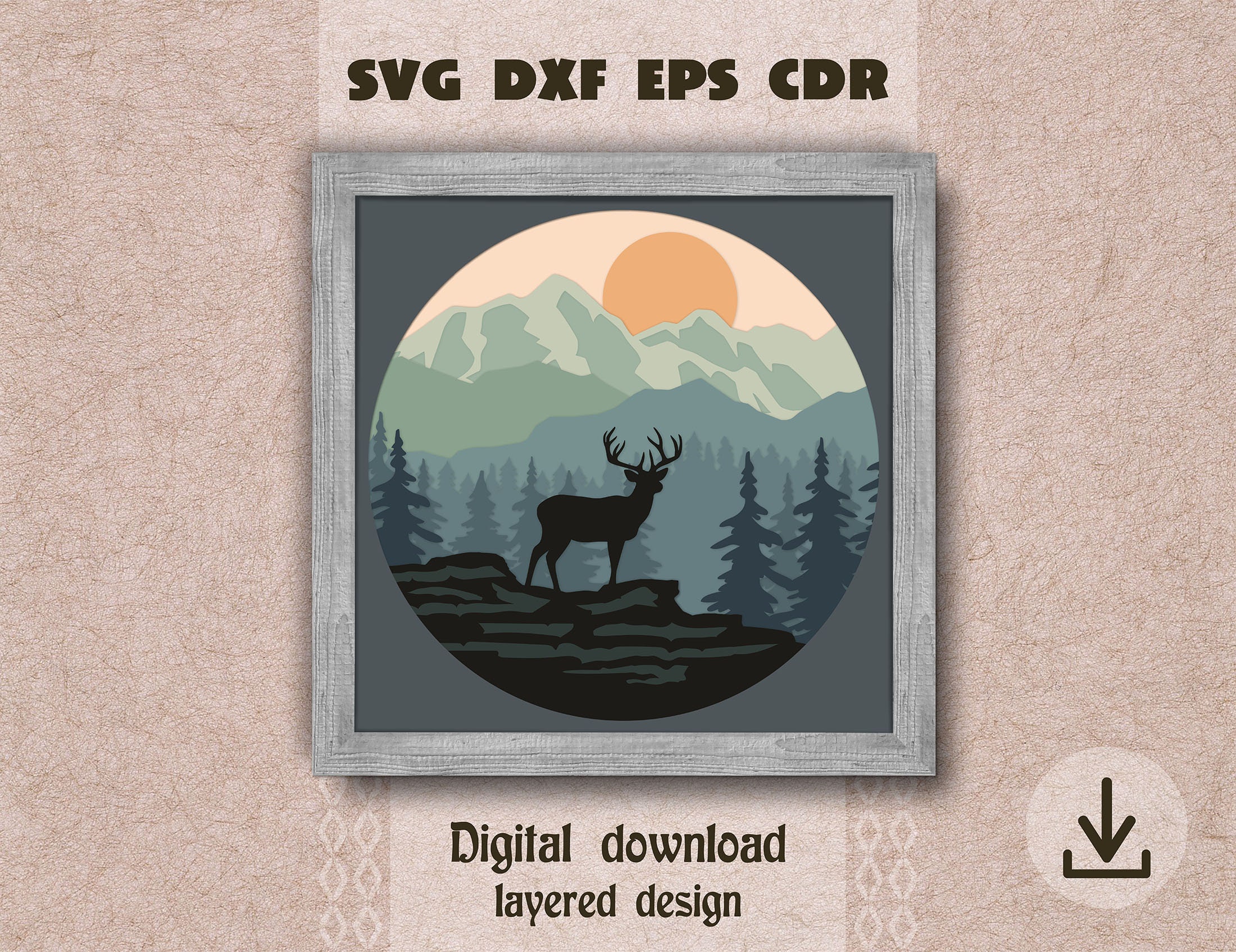 Layered Mountains and Deer Svg Mountain Scene Layered Mandala Svg Deer ...