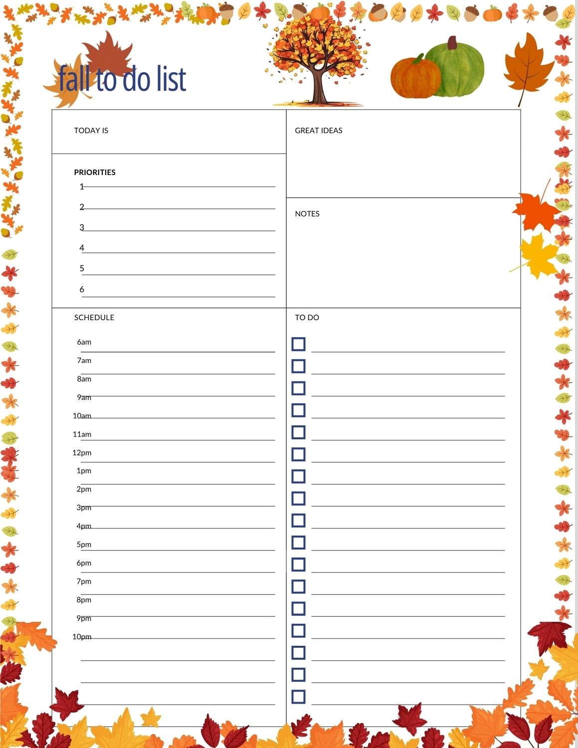 Fall Themed to Do List, Pumpkin and Leaves, Digital Download, Printable ...