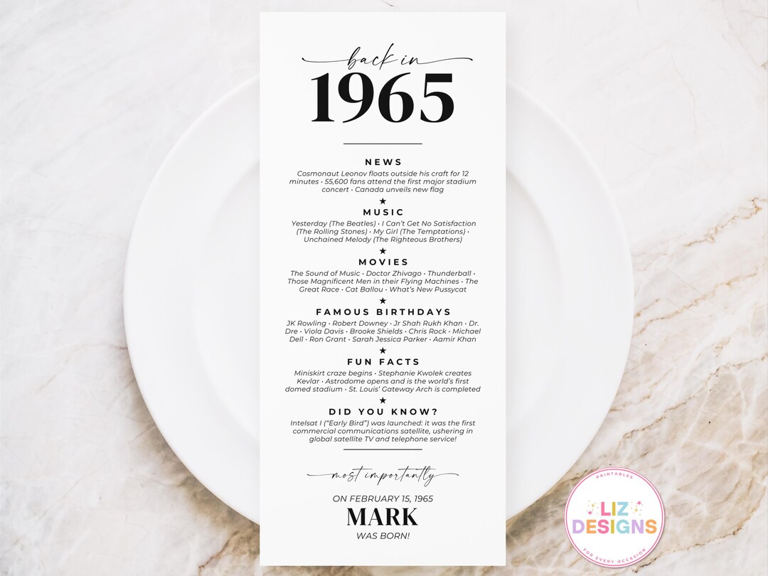 Personalized Back in 1965 Birthday Table Place Card, Born in 1965 Bday ...