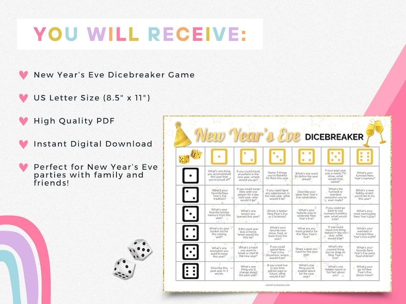 New Years Eve Icebreaker Dice Game, Conversation Starters, Getting to ...