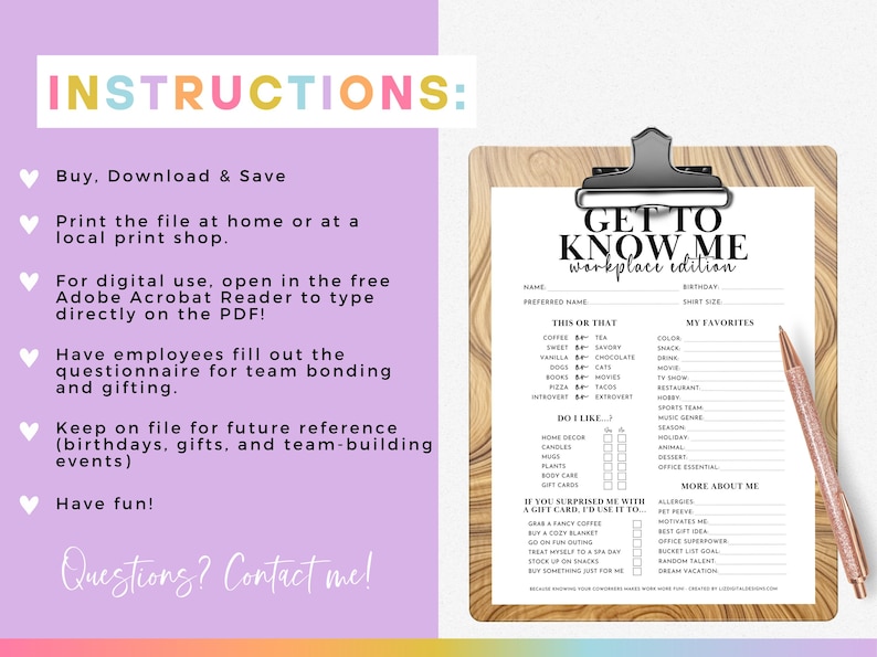 Team Building Get to Know Your Staff Questionnaire Printable, Employee ...
