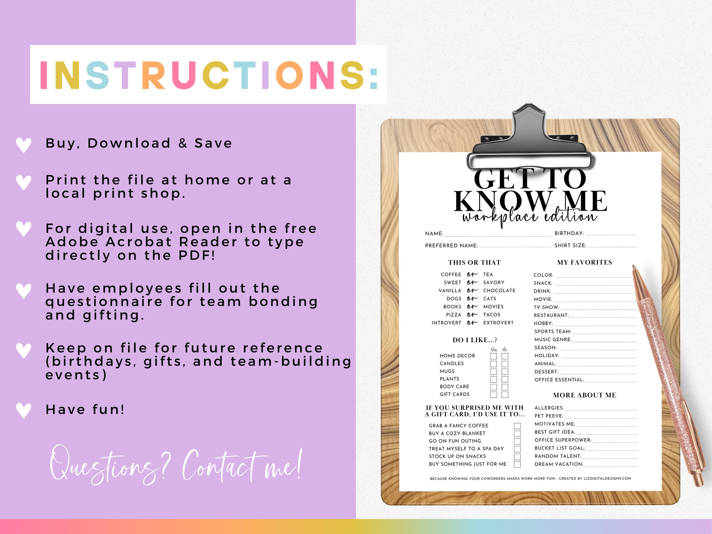 Team Building Get to Know Your Staff Questionnaire Printable, Employee ...