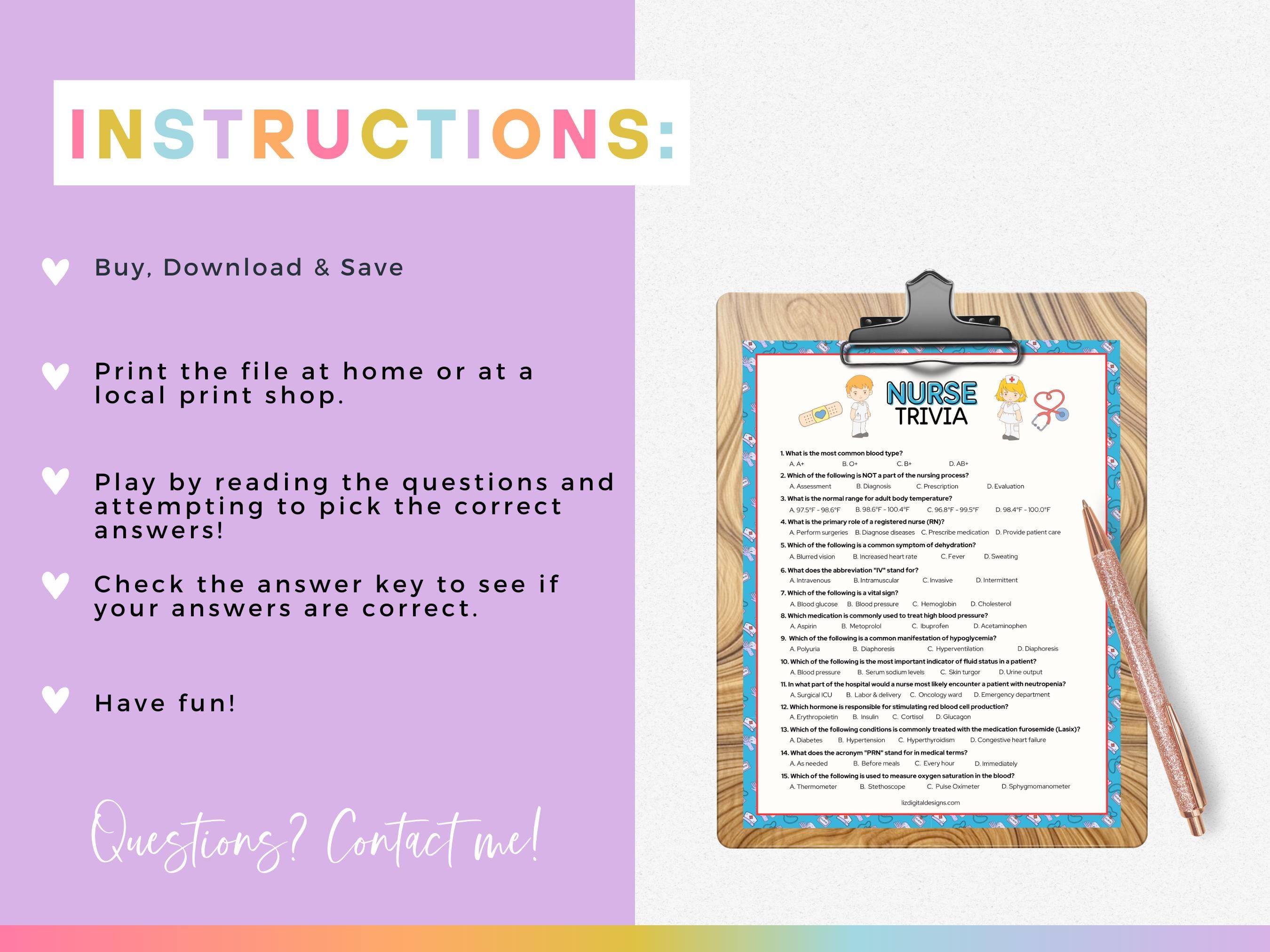 Printable Nurse Trivia, Nurse Appreciation Party Game, Medical Party ...
