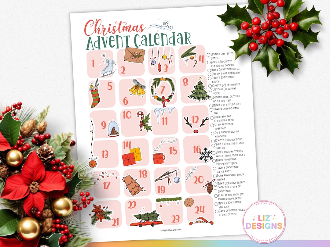 Christmas Advent Calendar With Fun Activities, Pink Printable Kids ...