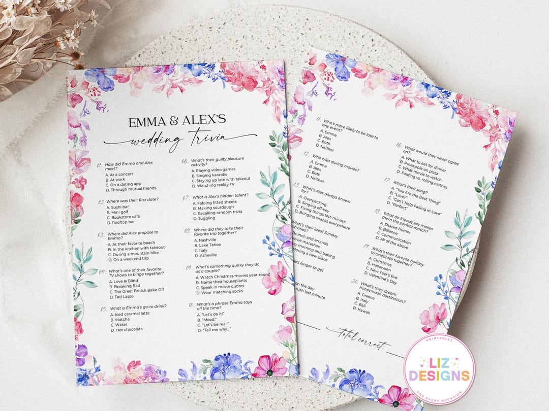 Personalized Wedding Trivia, Custom Pastel Florals Icebreaker Guest ...