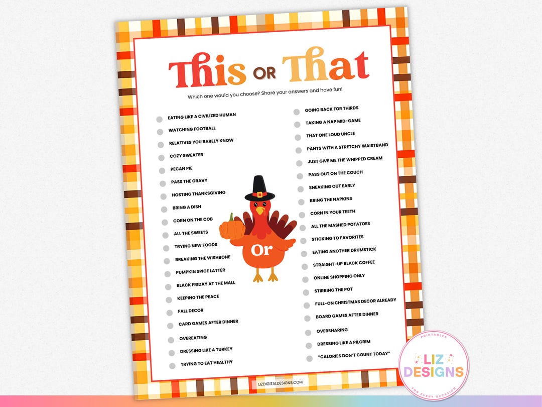 Thanksgiving Would You Rather Game, Printable This or That Party Game ...