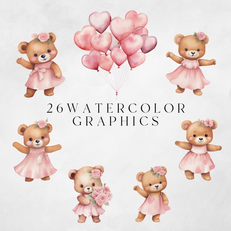 Pink Teddy Bear Clipart | Watercolor Teddy Bear Clipart for Girl ...