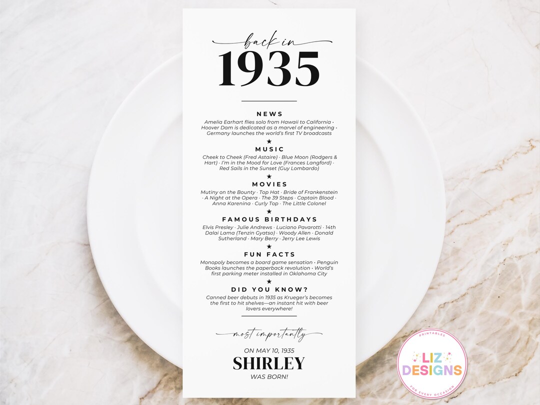 Personalized Back in 1935 Birthday Table Place Card, Born in 1935 Bday ...