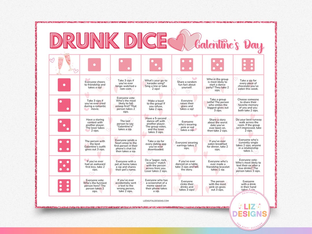 Galentine's Day Drinking Game, Printable Drunk Dice for Galentine Party ...