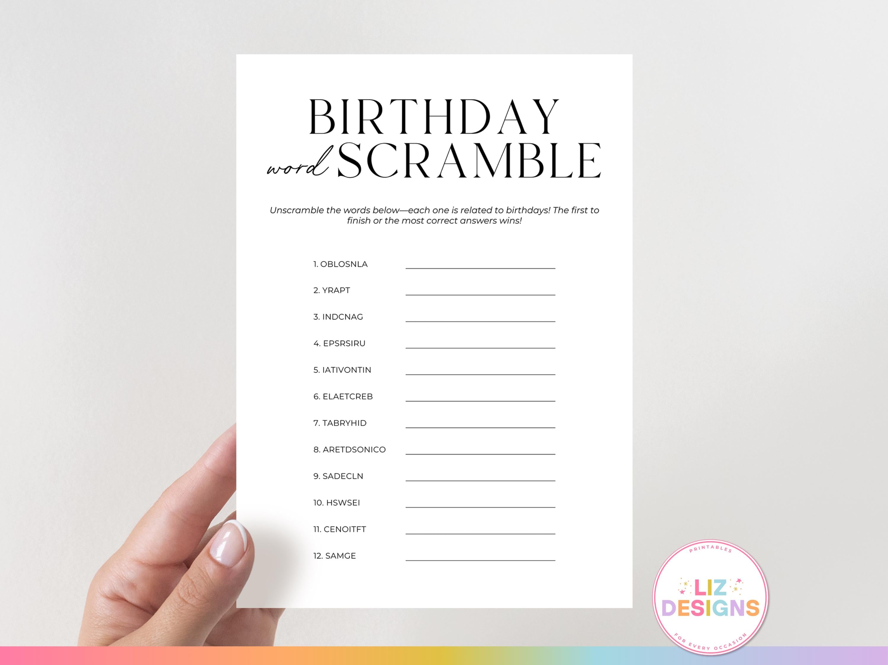 Birthday Word Scramble, Fun Printable Party Game, Birthday Party ...