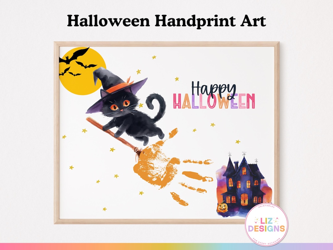 Printable Halloween Handprint Art, Black Cat Keepsake Gift, Halloween ...