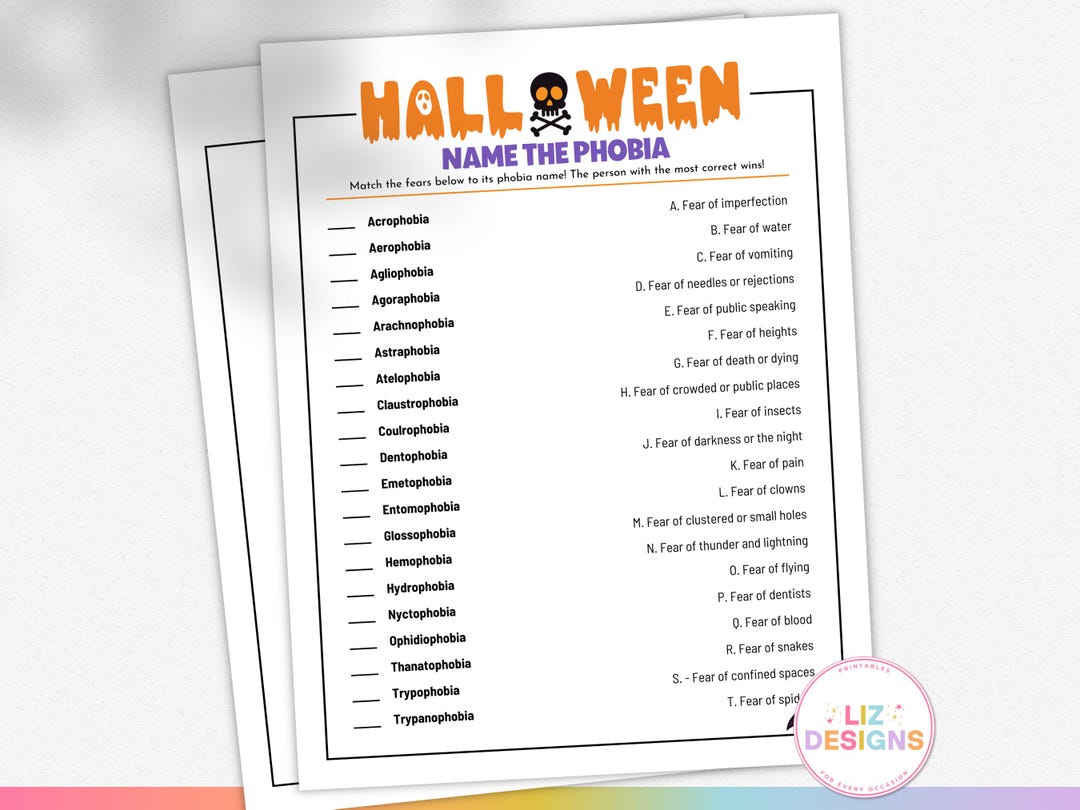 Halloween Name the Phobia Trivia Matching Game, Printable Halloween ...