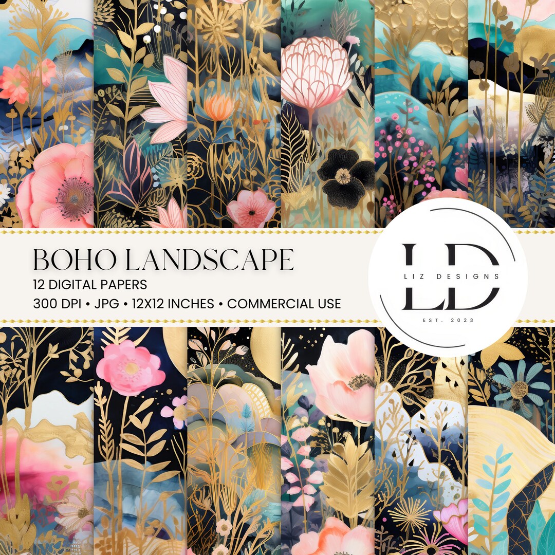 Boho Botanical Digital Paper, Floral Background Patterns, Landscape and ...