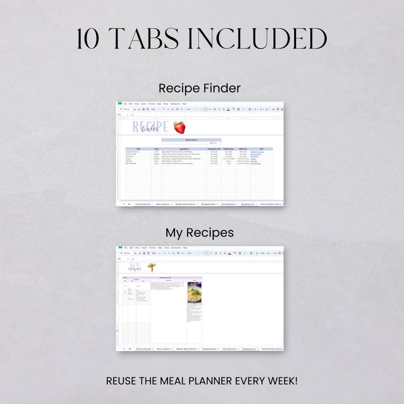 Google Sheets Weekly Meal Planner and Recipe Book, Printable Digital ...