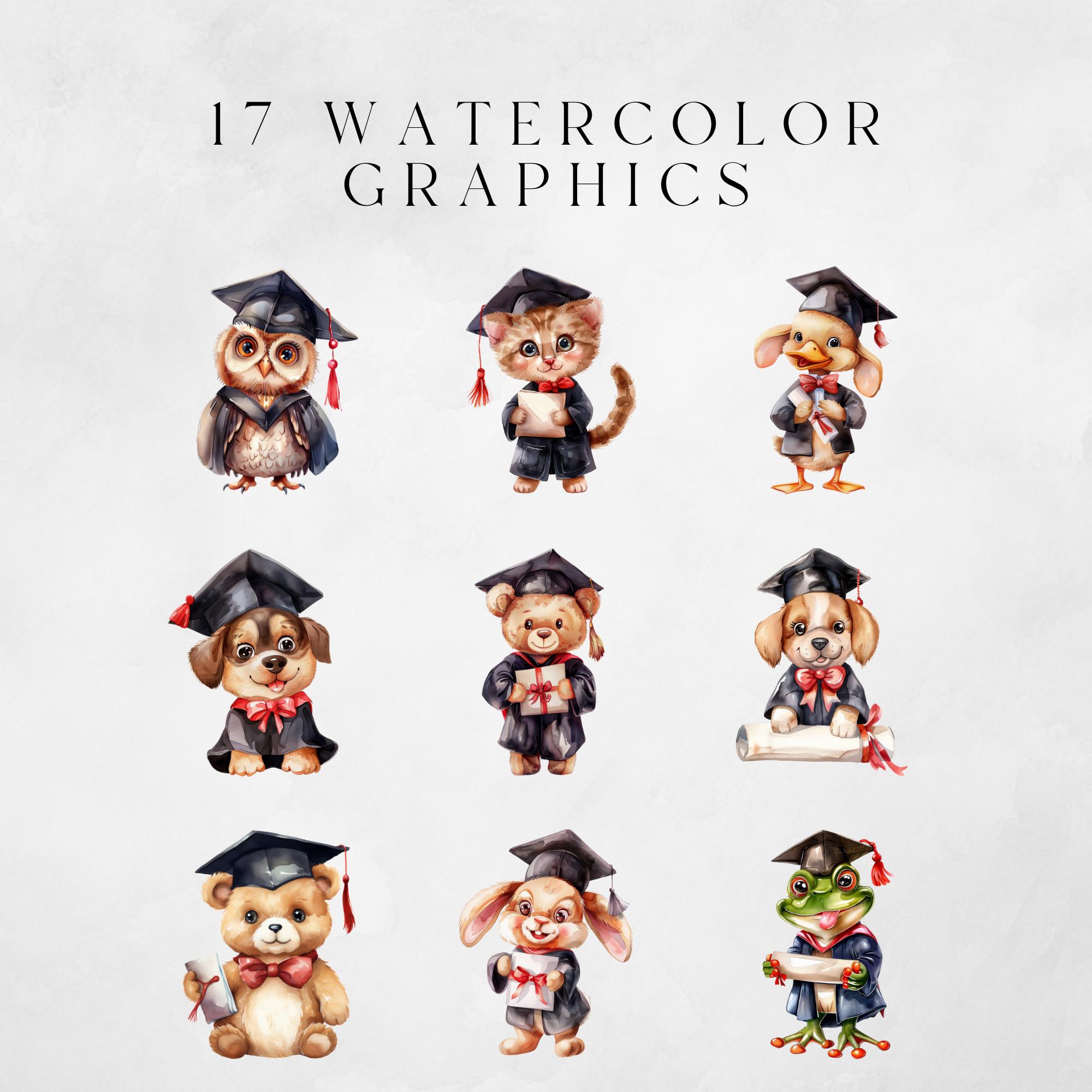 Cute Animal Graduates Clipart Pack, Watercolor Graduation Clip Art ...