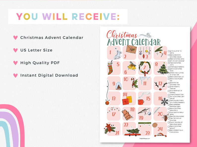 Christmas Advent Calendar With Fun Activities, Pink Printable Kids ...