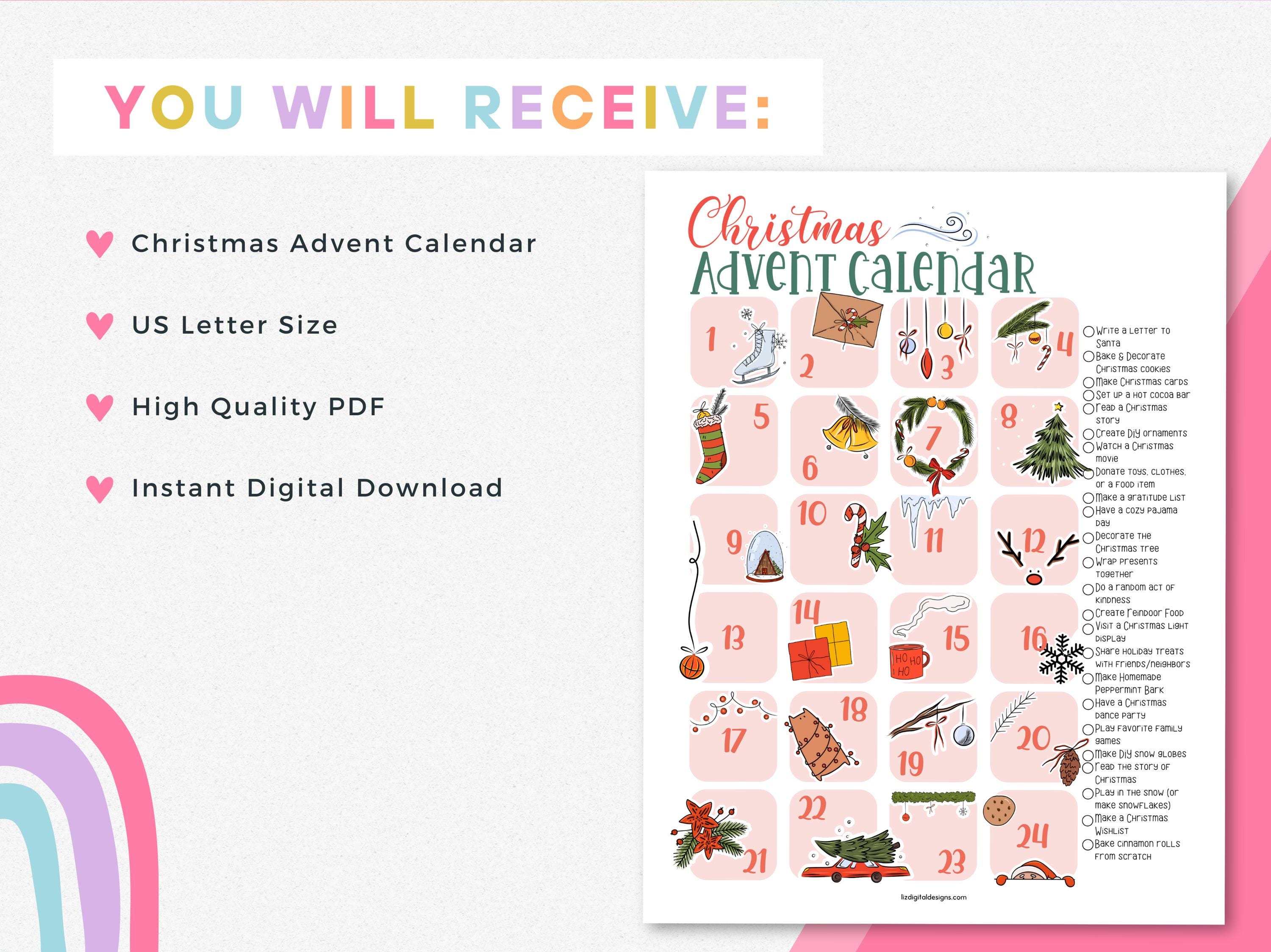 Christmas Advent Calendar With Fun Activities, Pink Printable Kids ...