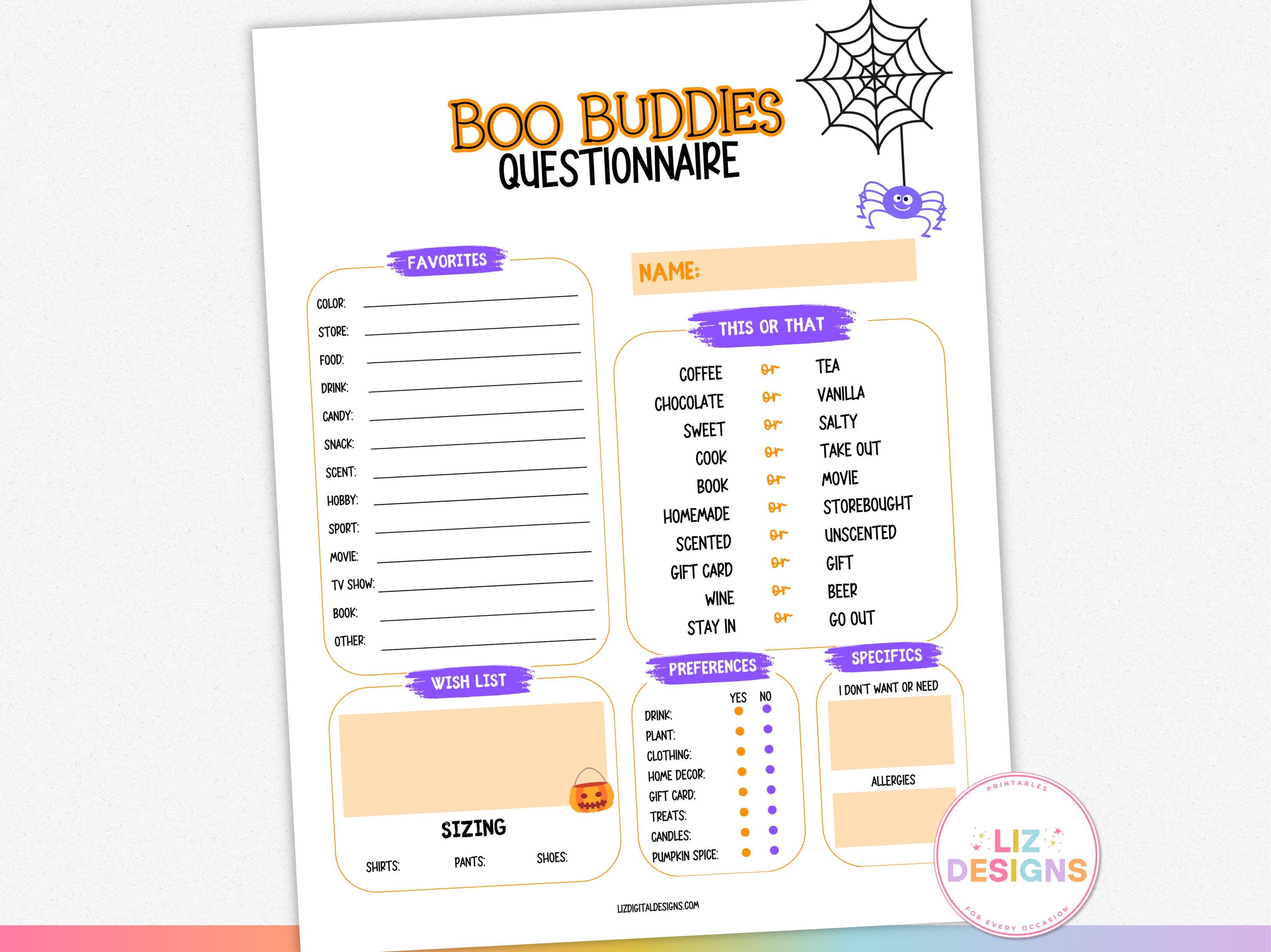 Boo Buddy Questionnaire, Printable Halloween Party Gift Exchange Survey, Office Party Game ...