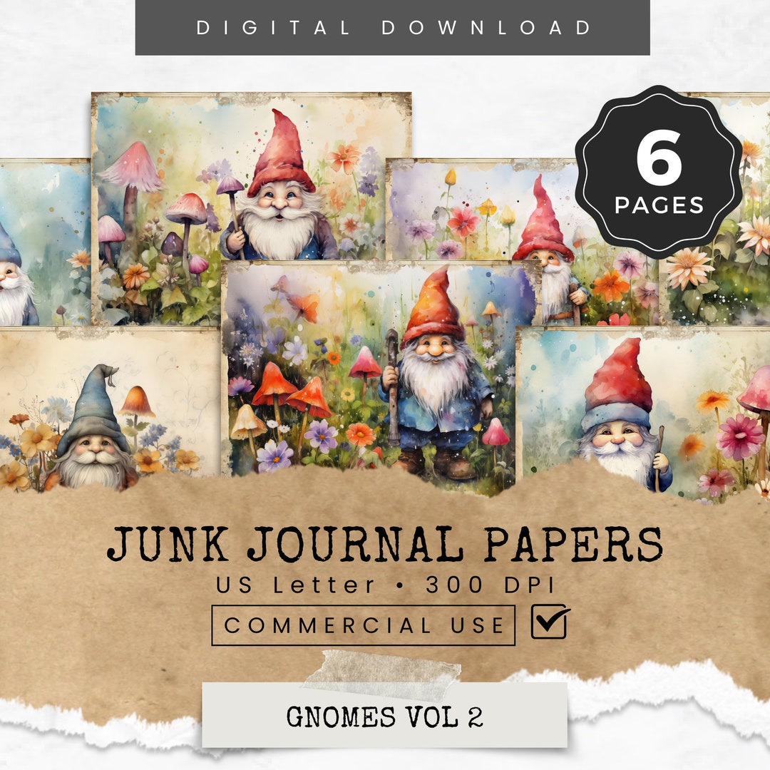 Whimsical Gnomes Junk Journal Papers, Gnome Printables and Ephemera ...