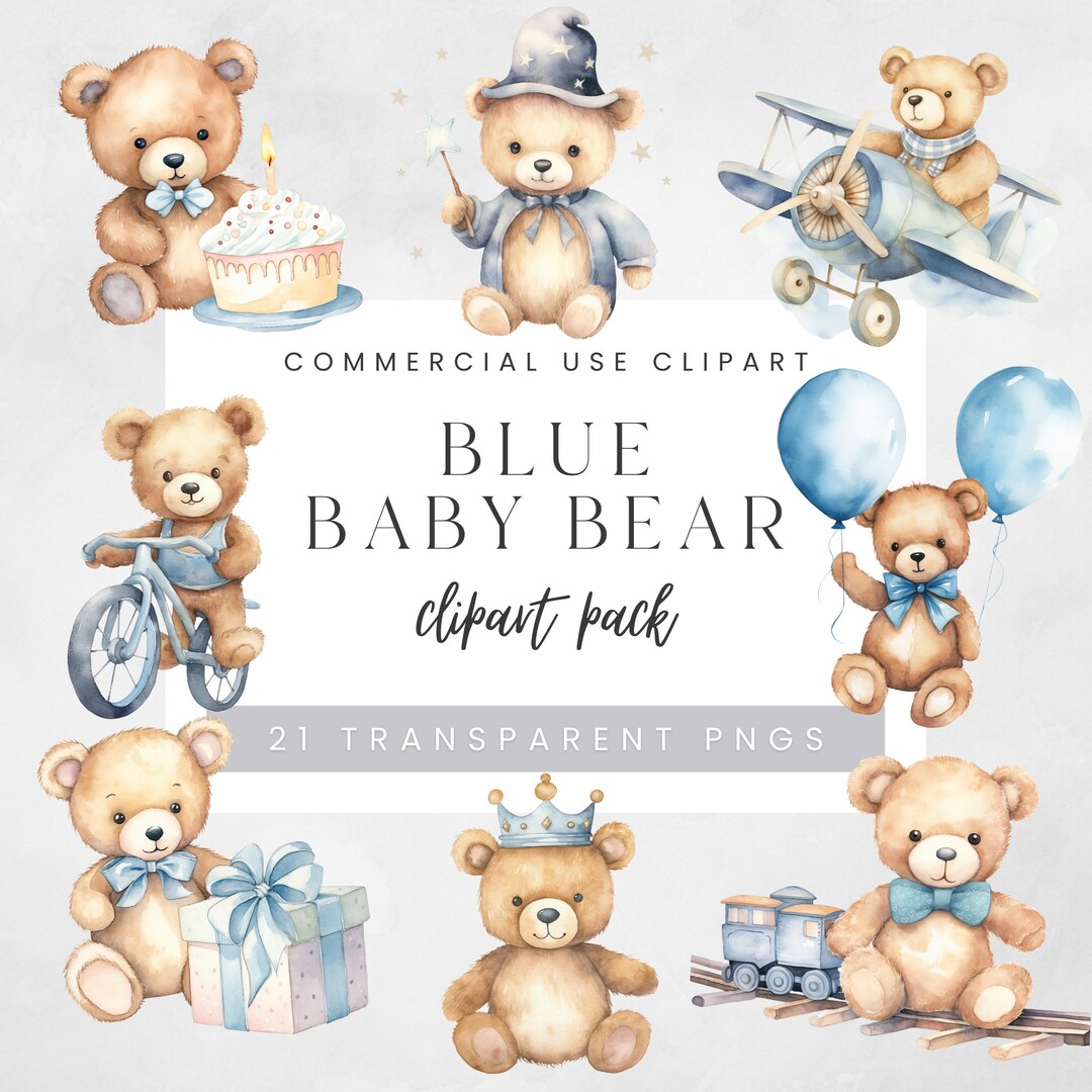 Bear and Blue Balloon Clipart, Watercolor Teddy Bear Clip Art Pack ...