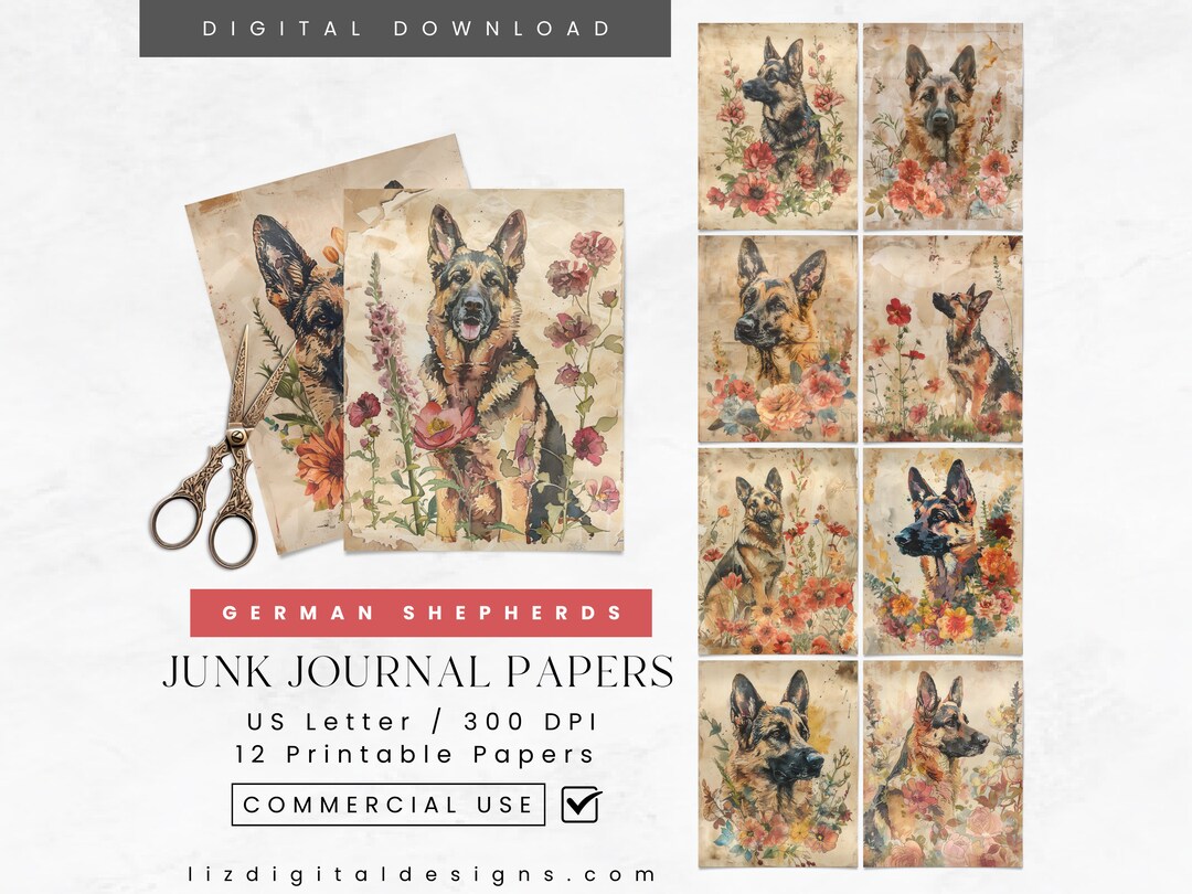 German Shepherd Junk Journal Papers, Dog Scrapbook Paper Supplies ...