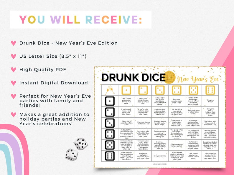 New Years Eve Drinking Game, Printable Drunk Dice Game for NYE Party ...