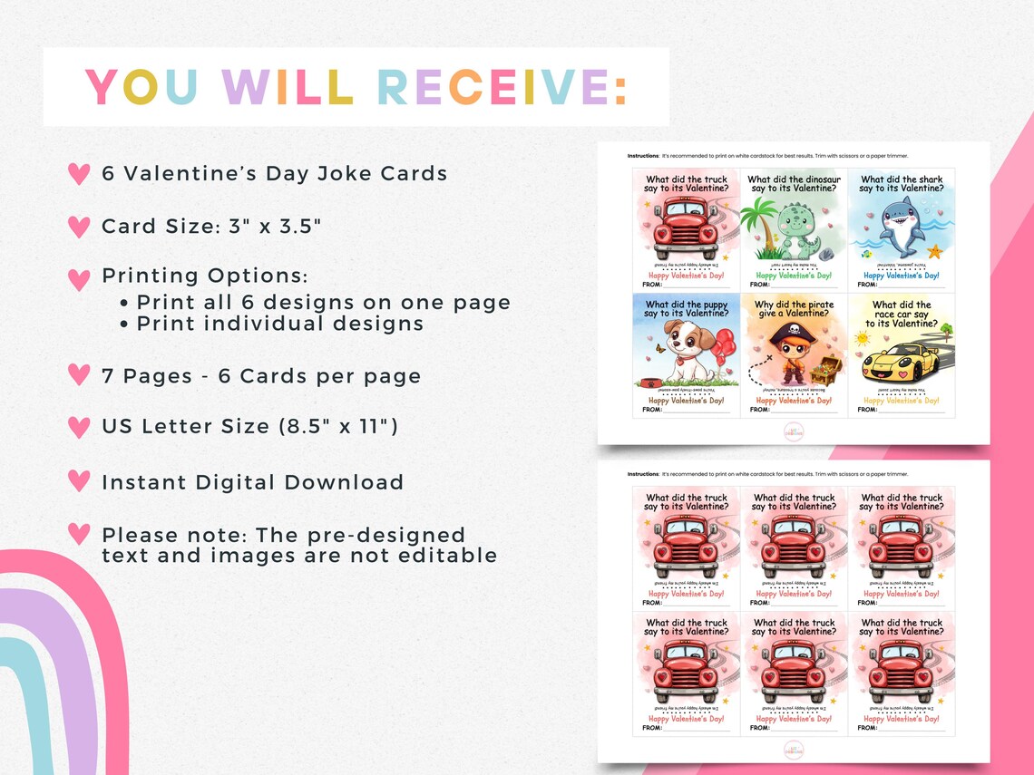 6 Kids Valentines Day Joke Cards, Printable Kids Valentine Cards for ...