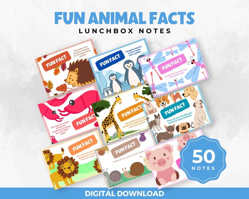 Animal Fun Facts Lunchbox Notes for Kids, Printable Lunchbox Cards ...