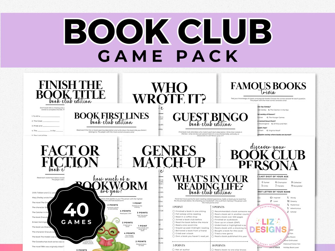 40 Book Club Games, Printable Book Club Meeting Activity Kit ...