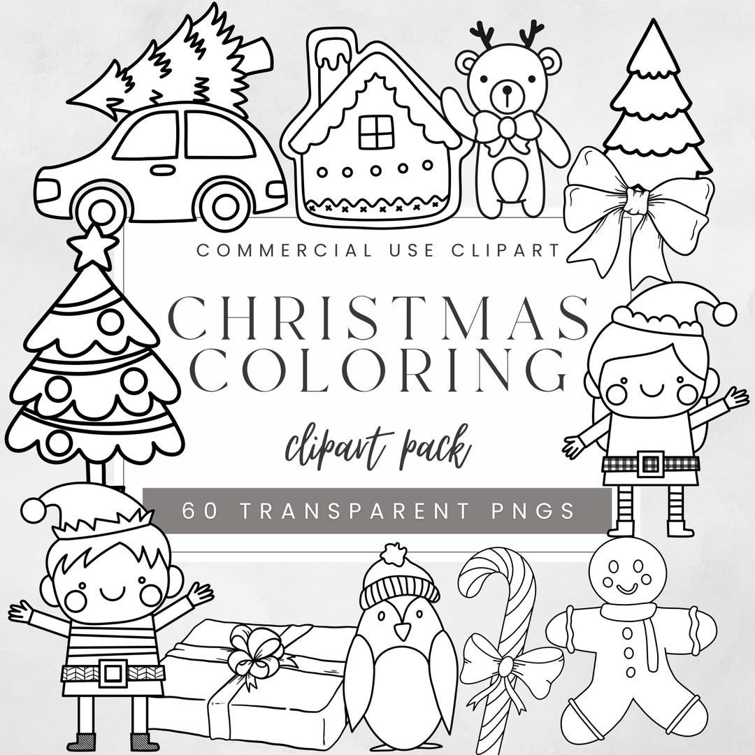 Christmas Black and White Coloring Clipart Bundle, Holiday Coloring PNG ...