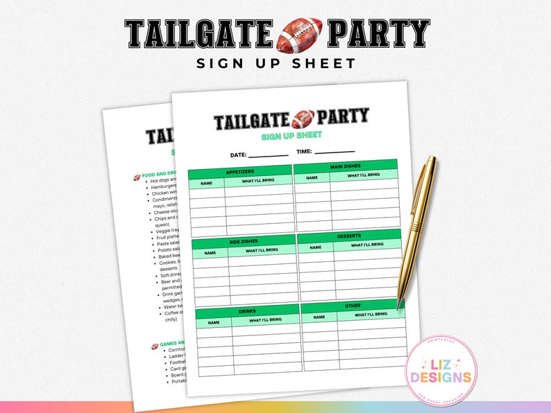 Football Tailgate Party Sign up Sheet, Printable Football Potluck Sheet ...