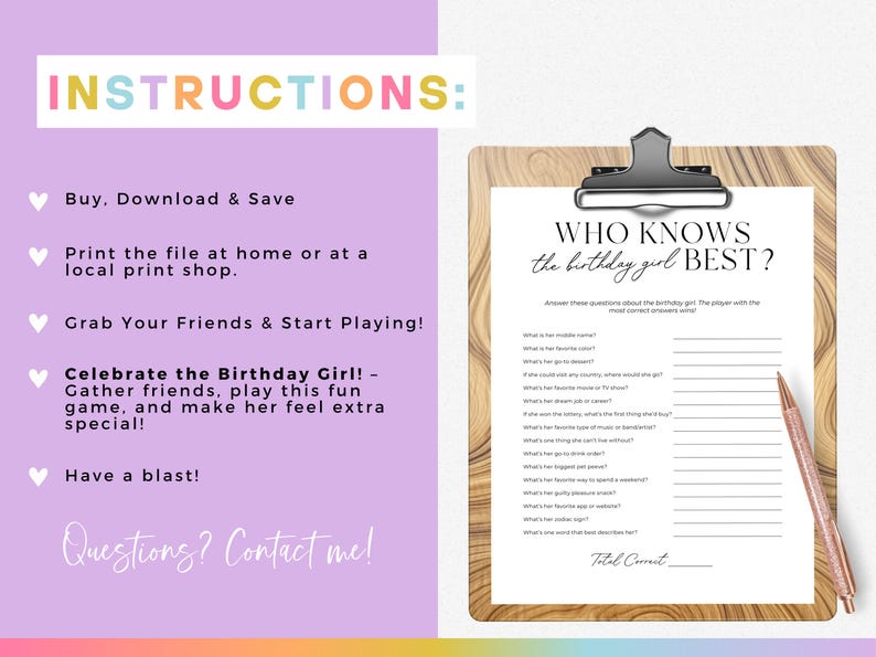 Who Knows the Birthday Girl Best, Printable Birthday Party Game, Fun ...