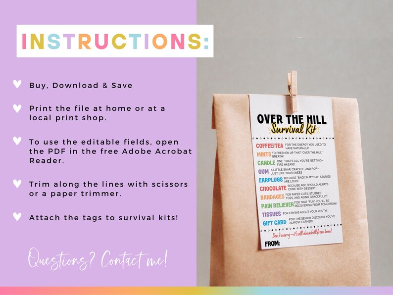 Over the Hill Survival Kit Tag, Funny Milestone Birthday Gag Gift ...