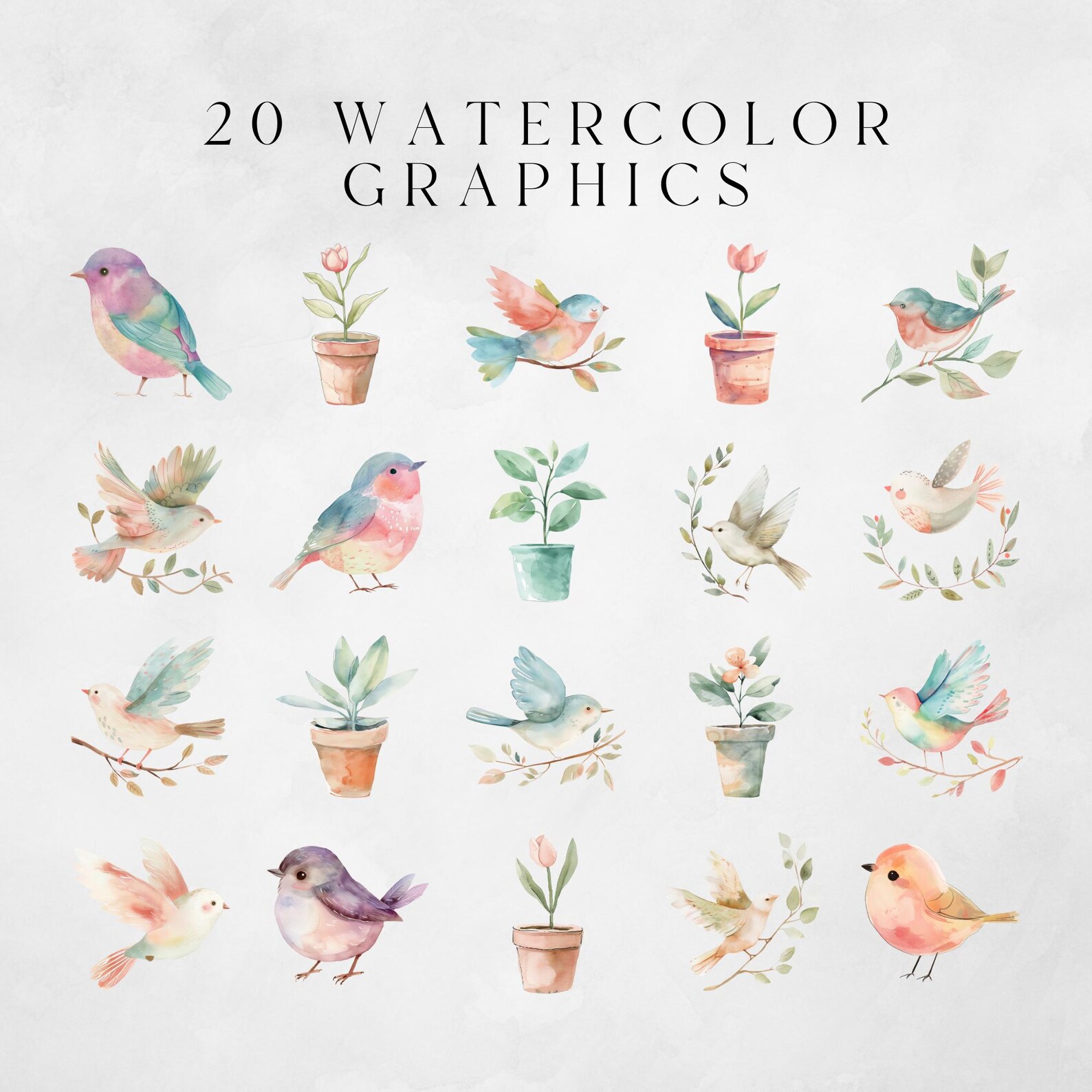 Watercolor Birds and Potted Plants Clipart Pack, Floral and Garden ...