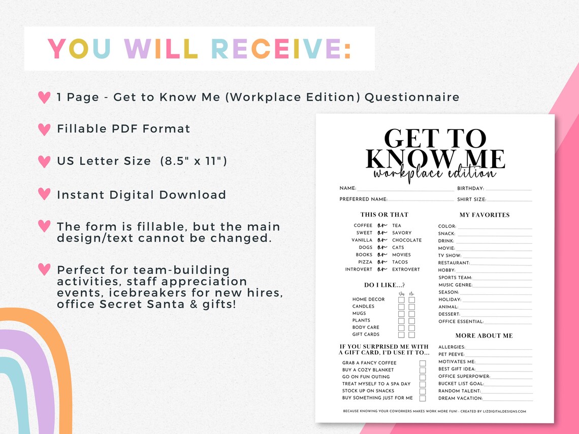 Team Building Get to Know Your Staff Questionnaire Printable, Employee ...