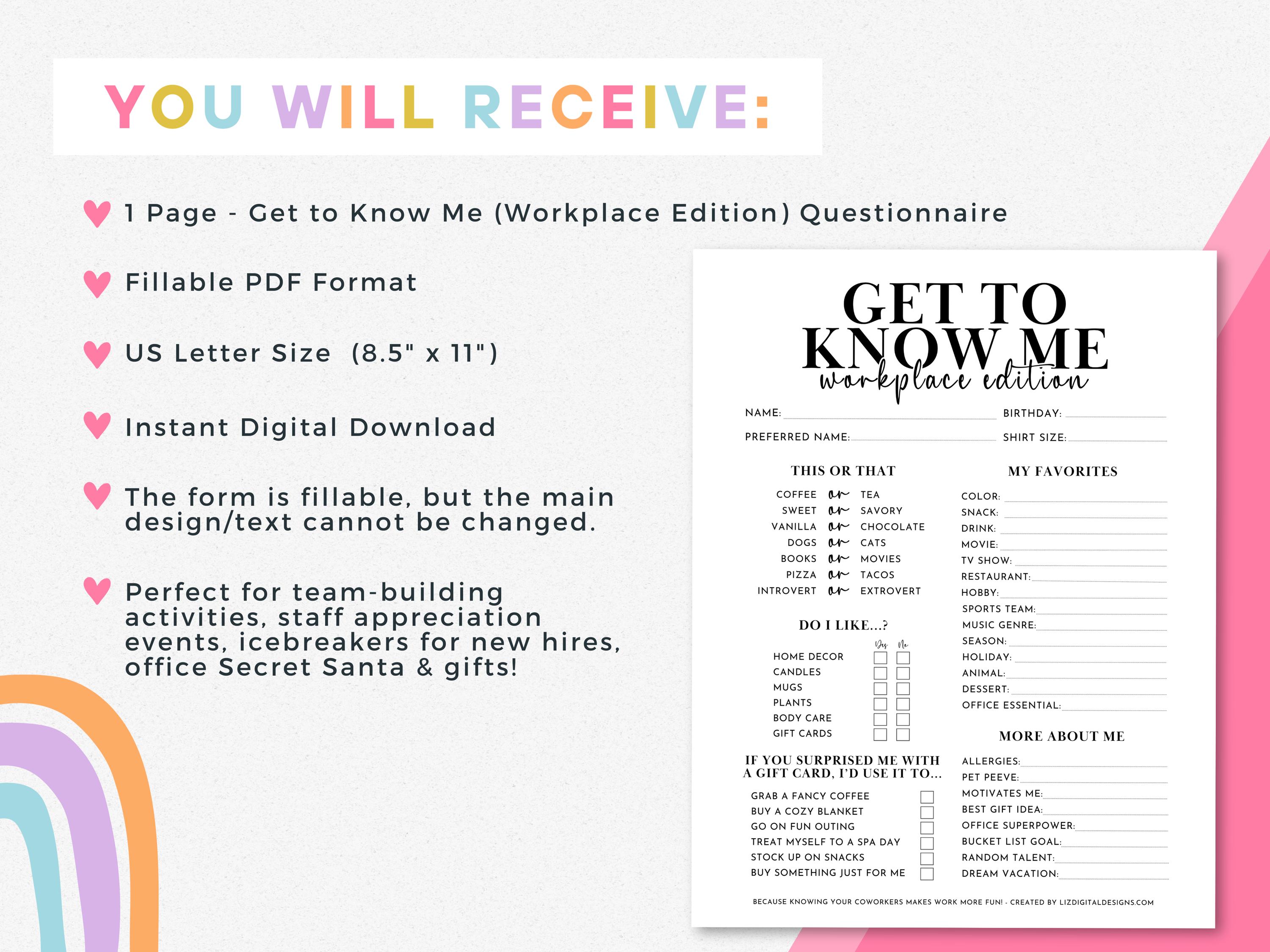 Team Building Get to Know Your Staff Questionnaire Printable, Employee ...