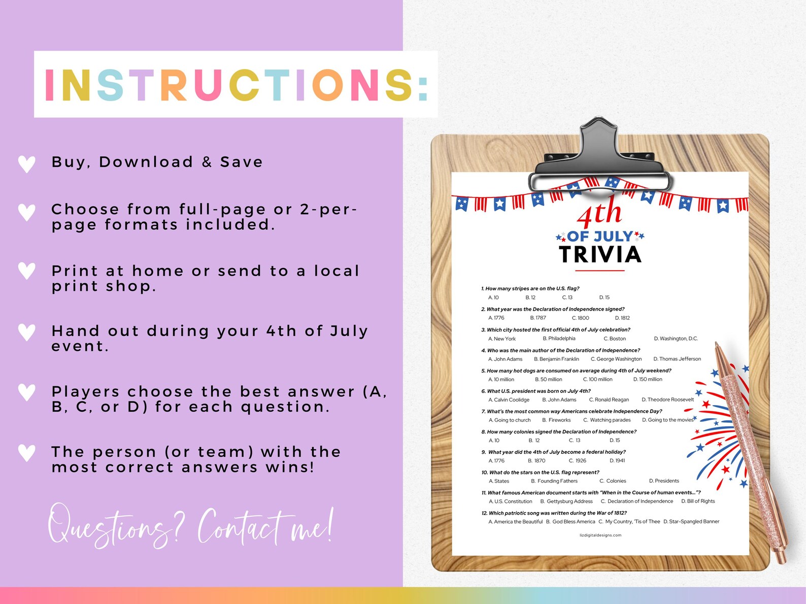4th of July Trivia Game, Printable Patriotic Quiz, Fun Independence ...