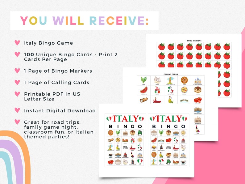 100 Italy Bingo Cards, Printable Travel Bingo Game, Kids Travel ...