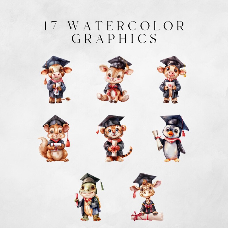 Cute Animal Graduates Clipart Pack, Watercolor Graduation Clip Art ...