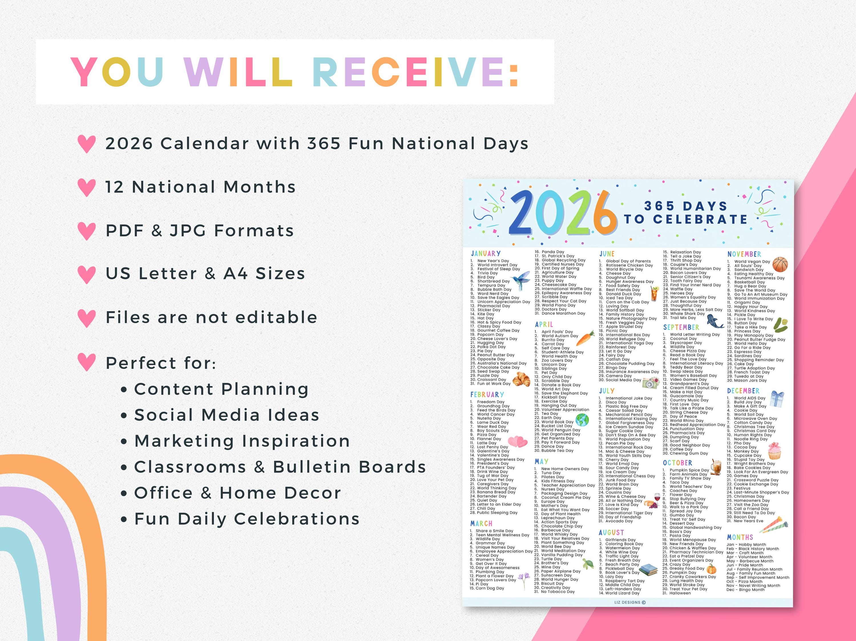 2026 National Days Calendar Printable, Content Planner, Theme Days, One ...