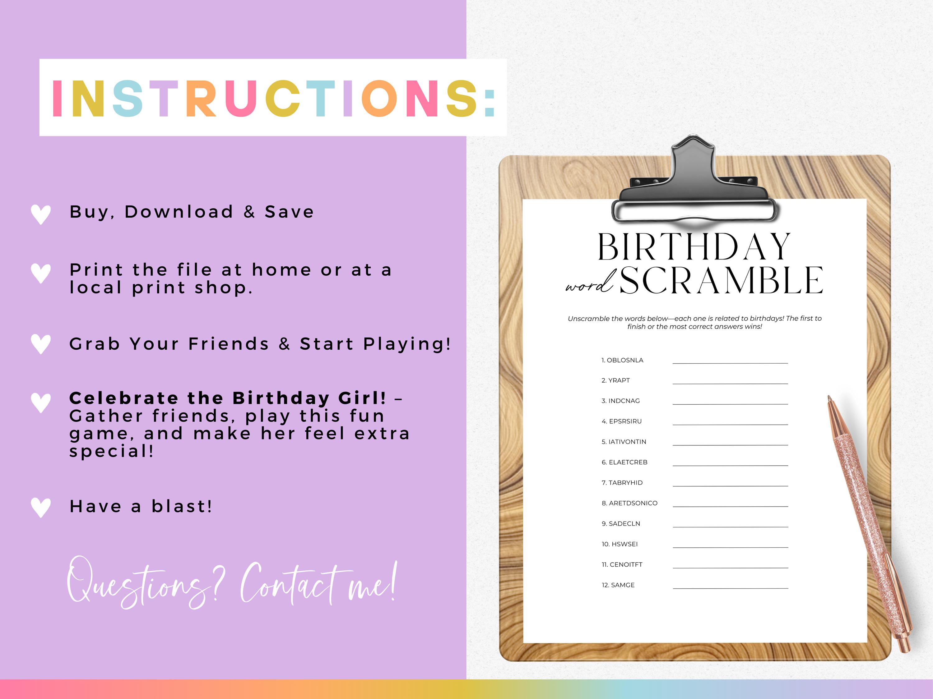 Birthday Word Scramble, Fun Printable Party Game, Birthday Party ...