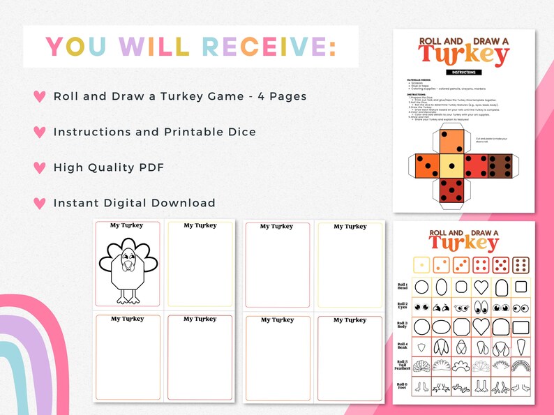 Roll and Draw a Turkey Game, Printable Thanksgiving Art Activity ...