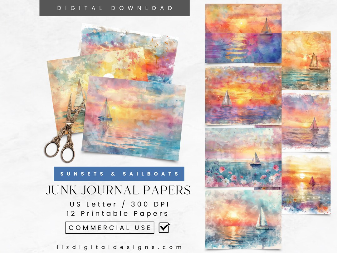 Sunsets Sailboats Sea Junk Journal Paper, Printable Vintage Ocean ...