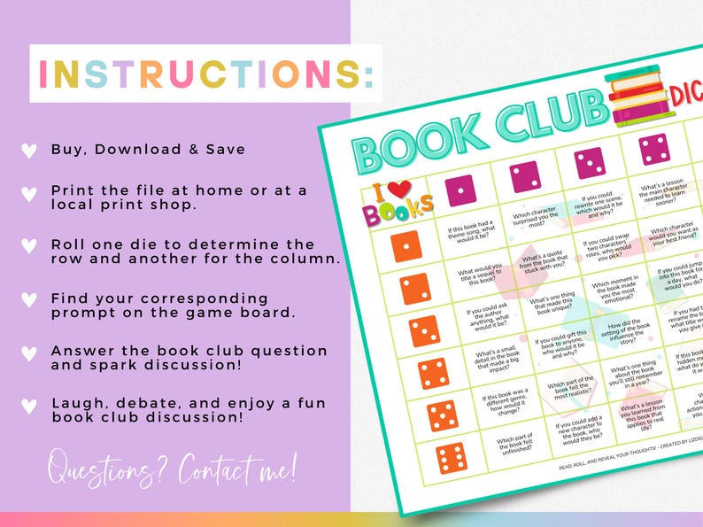 Printable Book Club Dice Game, Fun Book Club Icebreaker, Book Club ...