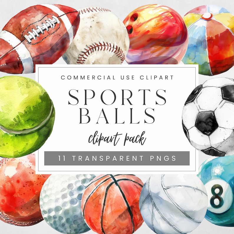 Watercolor Sports Balls Clip Art Bundle, Football Baseball Basketball ...