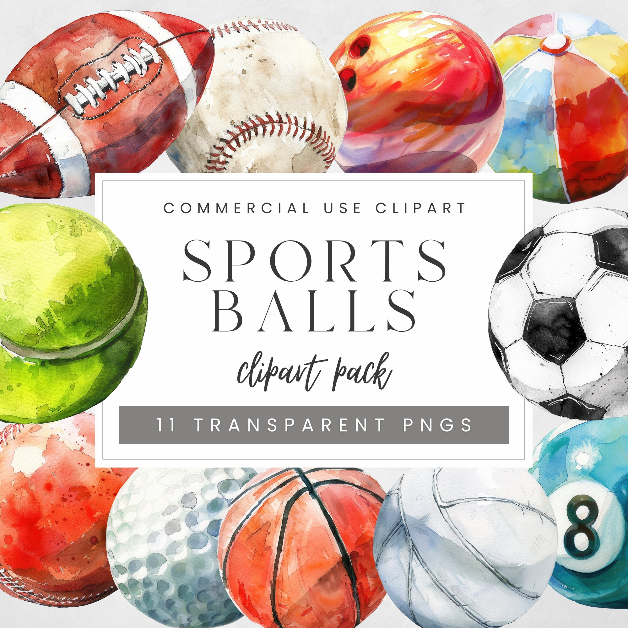 Watercolor Sports Balls Clip Art Bundle, Football Baseball Basketball ...