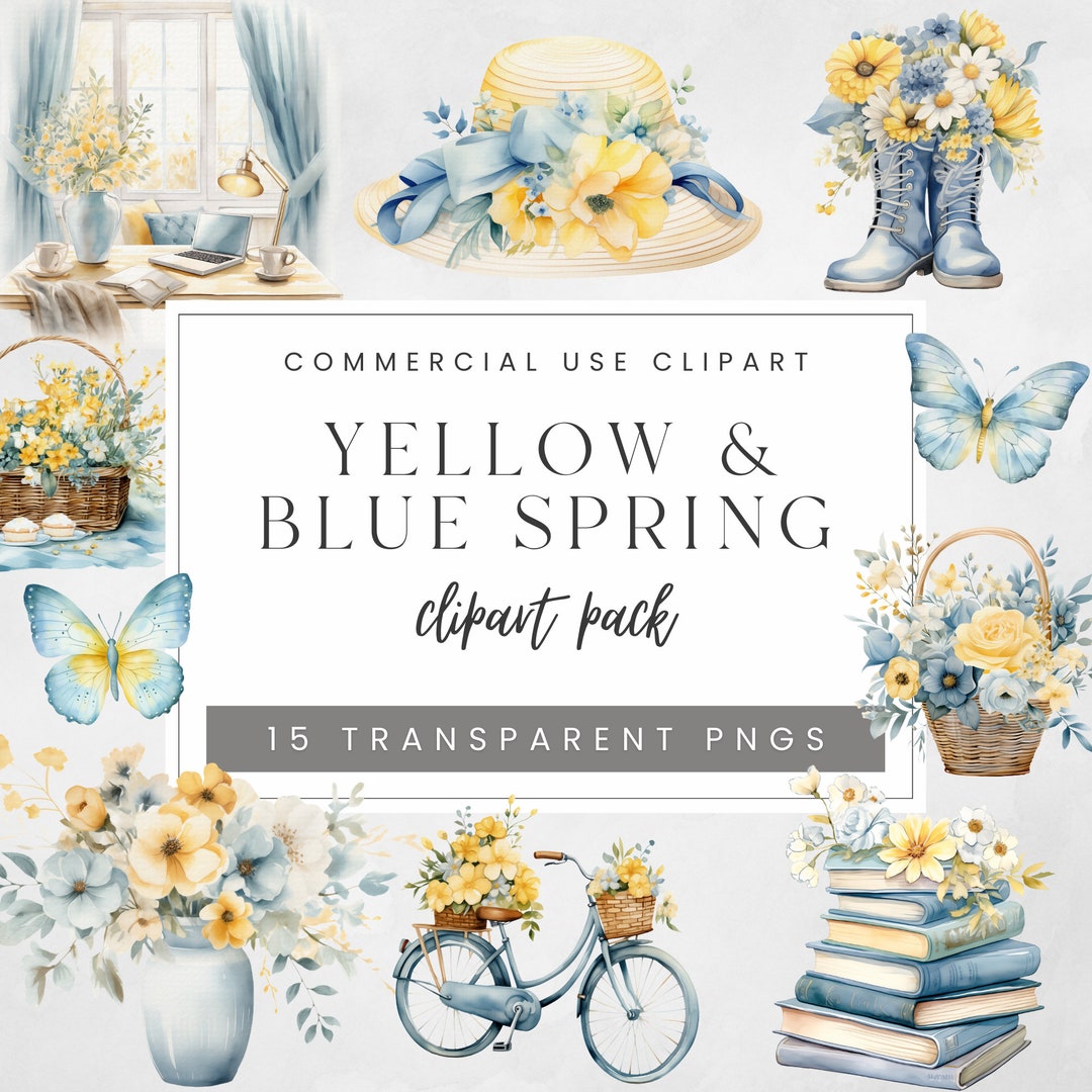 Watercolor Yellow and Blue Spring Clipart, Spring Floral Clipart Bundle ...